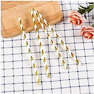 Shining Gold Striped Paper Straws, 100Percent Biodegradable Decorate Straws, Premium Cocktails Straws for Drinking, Juice, Smoothie Packed 100, 6x197mm