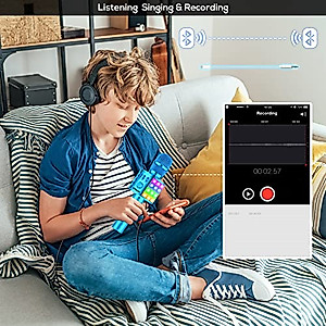 BONAOK Wireless Bluetooth Karaoke Microphone for Kids, Portable Handheld Singing Mic Speaker MP3 Player with Controllable LED Lights, Party for Adults Girls Boys Teens Q37L (Blue)