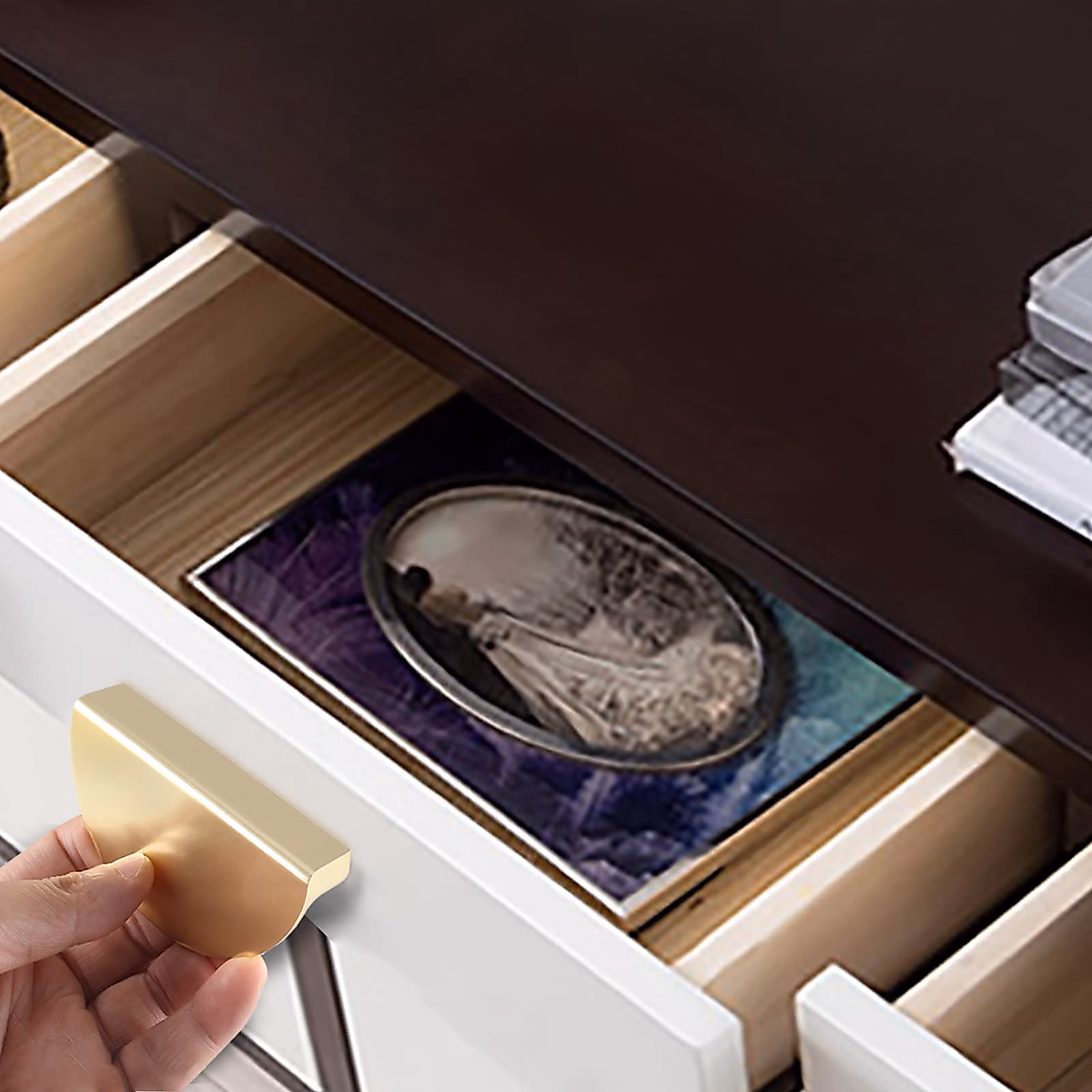 Jiozermi 4 Packs Half Moon Cabinet Pulls, 2 1/2 inch Drawer Pulls, Semicircle Pulls, Solid Brass Hardware Pulls, Gold (Total Length: 3.74")