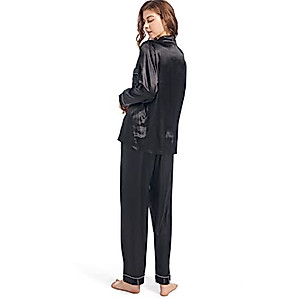 Fivali Womens Silk Satin Pajamas Long Sleeve Pj Set Two-piece Sleepwear Silky Button-down Nightwear Soft Loungewear Sets, XXL Black