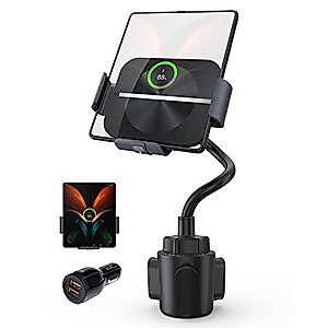 MAKAQI Wireless Car Charger for Z Fold 4/3/2, Dual Coil Cup Holder Phone Mount, Wireless Car Charger for Tesla, Auto Clamping Fast Charging for iPhone14/13/12/11/X/8