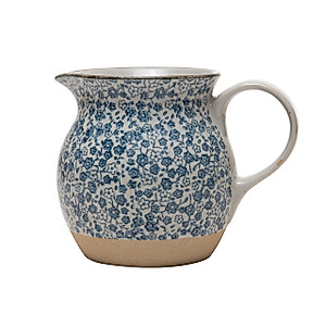 Creative Co-Op Hand-Painted Country-Style Stoneware Floral Print Pitcher, 6.25", Blue & White