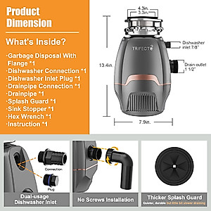 Trifecte Pro 3/4 HP Garbage Disposals with Sound Reduction,Food Waste Coutinuous Feed Garbage Disposal with Power Cord, Dishwasher Hook Up