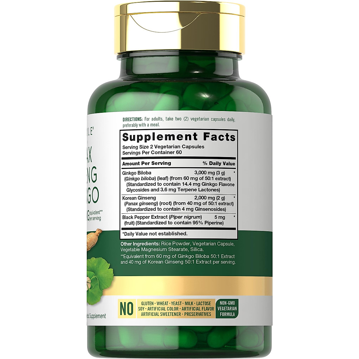 Carlyle Panax Ginseng + Ginkgo Biloba | 120 Vegetarian Capsules | 5,000mg | Vegetarian, Non-GMO, and Gluten Free Supplement