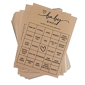 Baby Bingo Game (50 Unique Cards) Kraft Pre-Filled Fun Baby Shower Game Activity, Preforated Calling Cards, Gender Neutral Boy or Girl, Minimalist