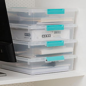 IRIS USA 6 Quart Clip Box, Clear Plastic Storage Bins with Secure Latching Buckles, Organizing Container for Office, School, Kids and Craft Room, Large, Clear/Seafoam Blue, 4 Pack