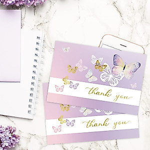 Gooji 4x6 Purple Butterfly Thank You Cards Multipack with Envelopes Bulk 20-Pack Peel-and-Seal Envelopes, Birthday Party, Baby Shower, Bridal Shower, Weddings, Small Business
