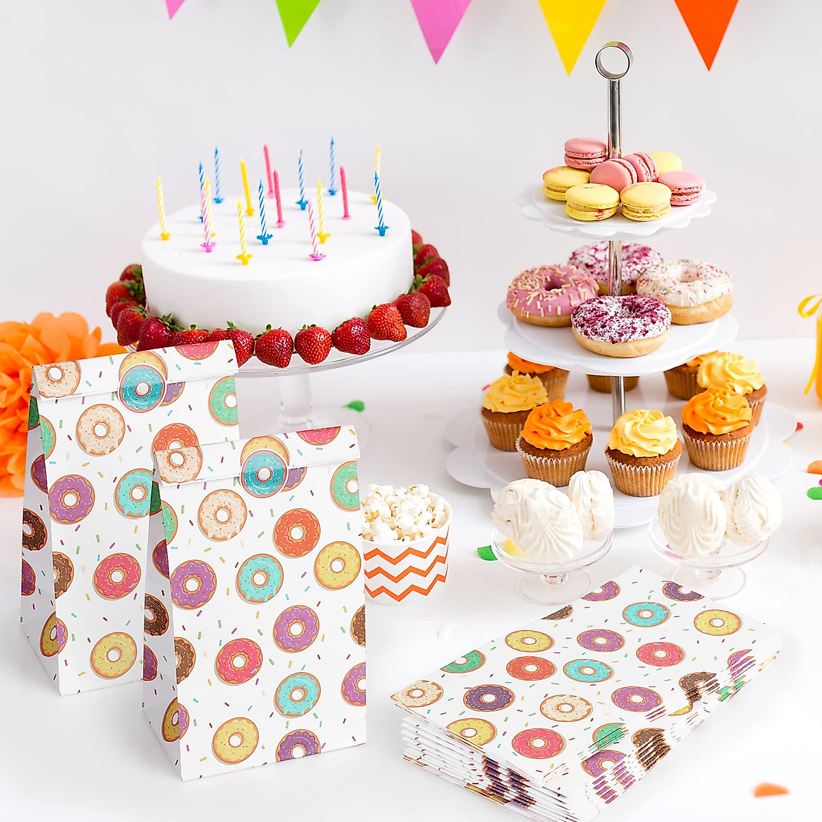 Fowecelt 24 Pack Donut Party Favor Bags, Sweet Doughnut Goodie Candy Treat Bag for kids Birthday Party Baby Shower Decoration Supplies