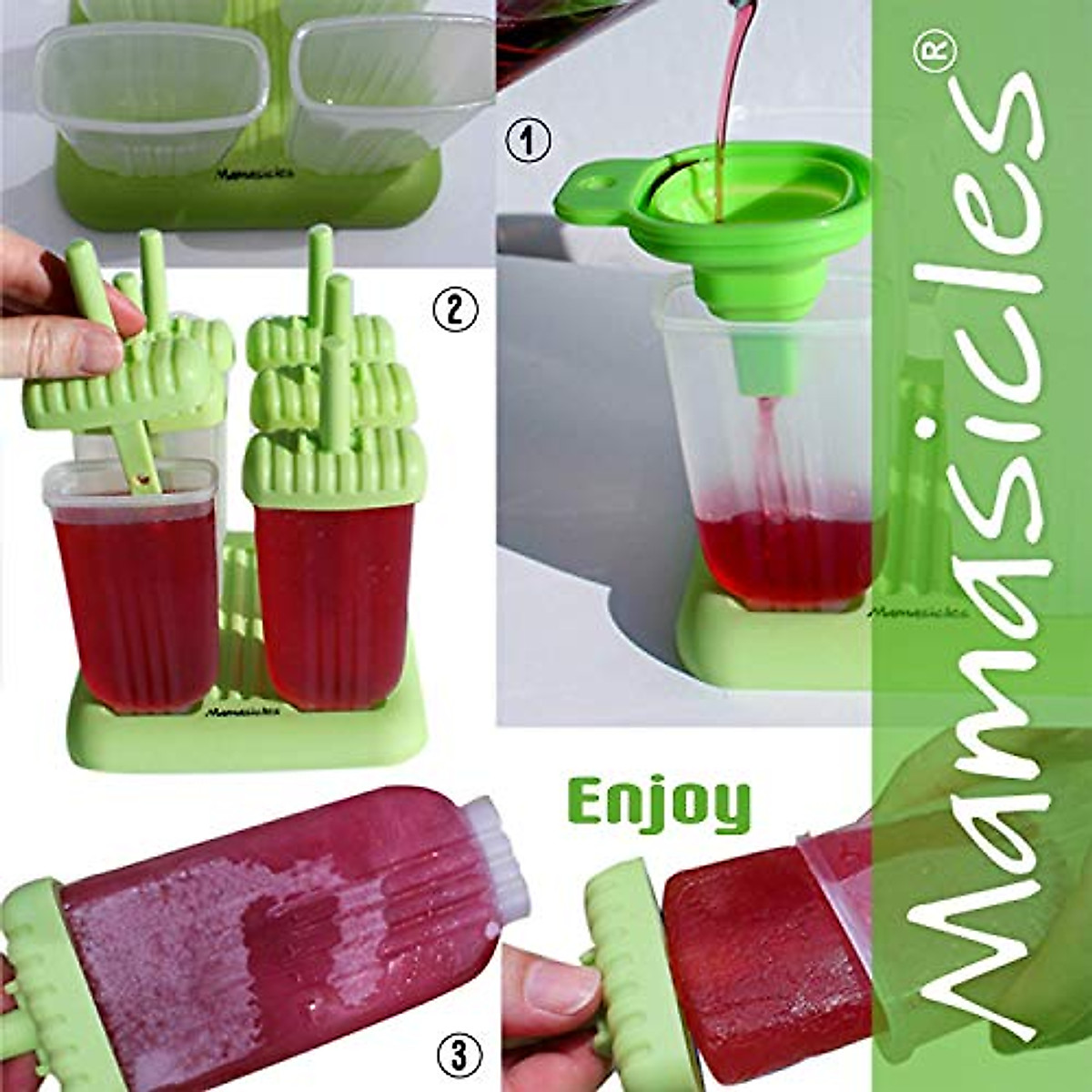Popsicles Molds with Sticks 6 Individual Pieces BPA Free Popsicle Holders for Kids Reusable Plastic Ice Pop Mold with Silicone Funnel and Cleaning Brush by Mamasicles