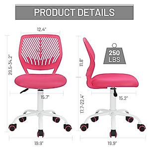 Desk Chair Armless Small Study Chairs Armless for Child Kids Teens, Ergonomic Swivel Rolling Lightweight Task Chair with Wheels and Mesh Padded Cushion, Pink