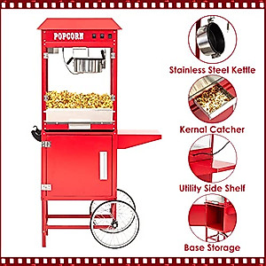 Garvee Commercial Popcorn Machine with Stand - Professional Cart Popcorn Maker Machine With 8 Oz Kettle Makes Up to 60 Cups, With Lockers for Home Movie Theater Style 34.3 * 19.3 * 31 inches