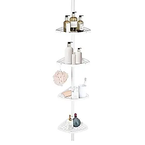 J&V TEXTILES Rustproof Shower Caddy Corner for Bathroom,Bathtub Storage Organizer for Shampoo Accessories,3 or 4 Tier Adjustable Shelves with Tension Pole,Up to 8 Feet (4-Tier)