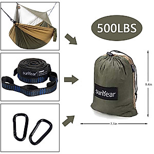 Sunyear Hammock Camping with Net/Netting, Portable Camping Hammock Double Tree Hammock Outdoor Indoor Backpacking Travel & Survival, 2 Tree Straps (16+1 Loops Each, 20Ft Total)