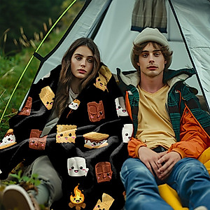 Sofcozlush Cute S'Mores Blanket Marshmallow Cookie Blanket Black Soft Plush Fuzzy Flannel Fleece Throw Blanket for Couch Food Blanket 50"x40" for Kids