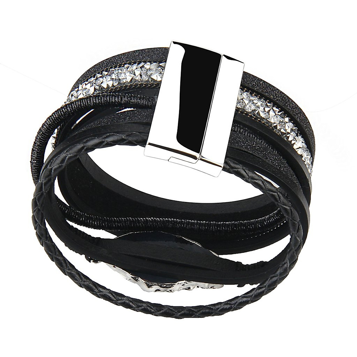 AZORA Leather Cuff Bracelet Multi Rope Wrap Bangle with Pearl Metallic Heart Cuffs Bracelets for Women (Black-cuff bangle bracelets)