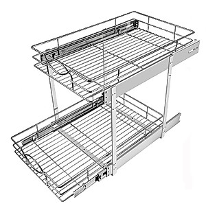 Sikarou Pull Out Cabinet Organizer 14" W x 21" D 2-Tier Individual Slide Out Drawer Pantry Shelf Storage for Kitchen Base Cabinet Organization ​for Kitchen, Bathroom, Pantry, Chrome