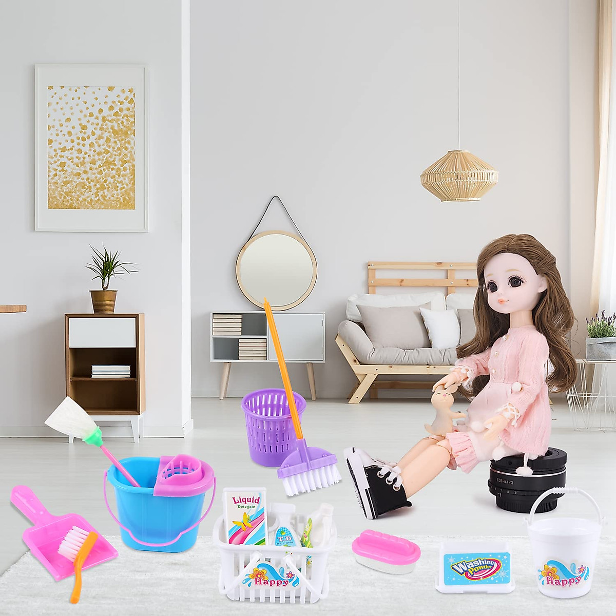 16 Pcs Miniature Dollhouse Cleaning Supplies Mini Bucket Mop Dust Pan Brush Broom Mini Housework Cute Cleaning Supplies Tools Miniature Furniture Dollhouse Decoration Accessories