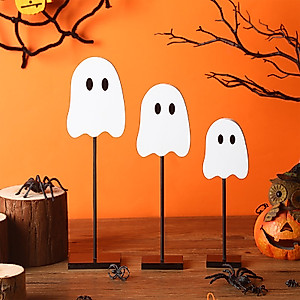 Chitidr 3 Pcs Halloween Standing Table Decor Wood Tiered Tray Table Decorations Ghost Table Centerpiece Tall Block Sign Set for Halloween Party Home (White)