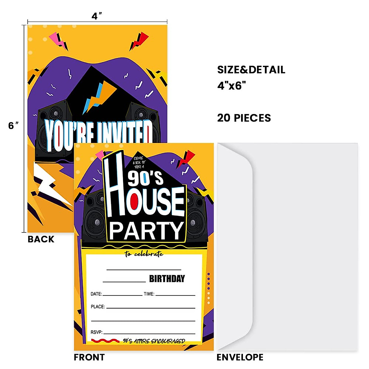 Tuyashua 90's House Party Invitations, 90's Birthday Party Invitations, Hip Hop Party Supplies for Men or Women, Birthday Party Decorations, 20 Cards with Envelopes - I01