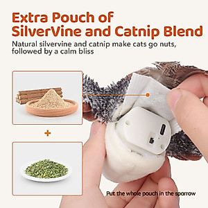 Potaroma Cat Toys Rechargeable Flapping Bird Sparrow, Lifelike Chirp Tweet, Touch Activated Kitten Toy Interactive Cat Exercise Toys for All Breeds Cat Kicker Catnip Toys 4.0 Inches