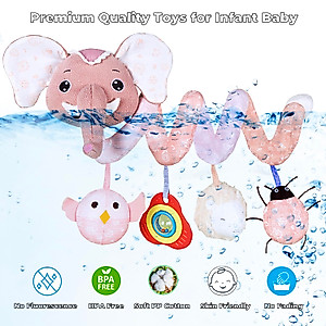 Car Seat Toys for Babies 0-6 Months, Infant Spiral Activity Toys Baby Gril Car Seat Toys 6-12 Months Hanging Stroller Toys for Baby Girls 0-6 Months with Musical Owl Rattle Sheep - Pink Elephant