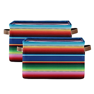 JUMBEAR Mexican Serape Blanket Stripes Rectangular Storage Bin 1 Pack, Collapsible Organizer Canvas Storage Basket with Handles for Closet, Office, Nursery, Home Decor
