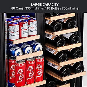 Wine and Beverage Refrigerator,Velieta 24 Inch Dual Zone Fridge with Glass Door, Built-In Cooler with Powerful and Quite Cool System/18 Bottles and 88 Cans Capacity, Stainless Steel silver (KMYL120)