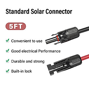 Kimbluth 10 Gauge Solar Extension Cable 5FT Red + 5FT Black, 10 AWG Solar Panel Wire with Male and Female Connector Tinned Copper Wire for Solar Panel, RV, Boat, Outdoors