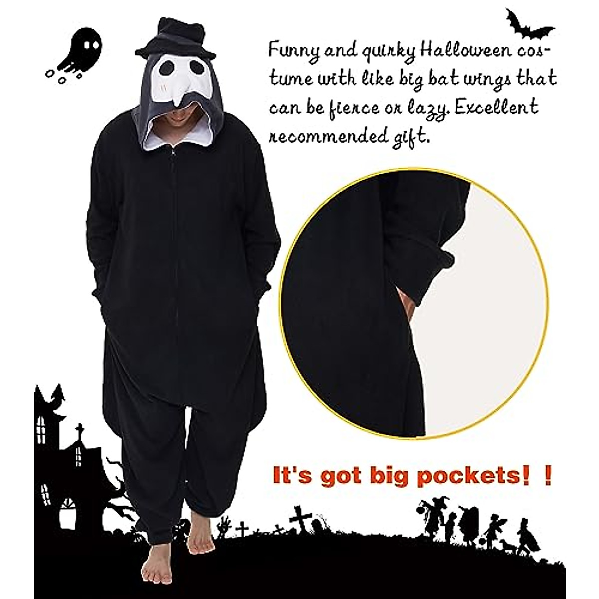 Dodheah Plague Doctor Onesie Costume Black Steampunk Jumpsuit Cartoon Pajamas Cosplay One-piece Halloween Dress Up Outift for Adult Grey M