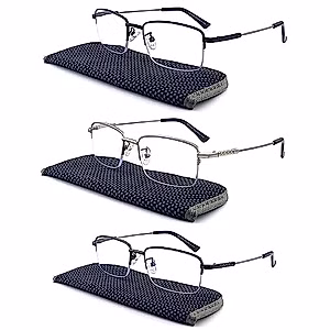 FEIVSN Progressive Multifocus Reading Glasses Blue Light Blocking, Multifocal Readers for Men Women Trifocal Lightweight Eyewear Half Metal Frame Titanium Alloy (3 Pack: Black+Gun+Silver, 2.00)