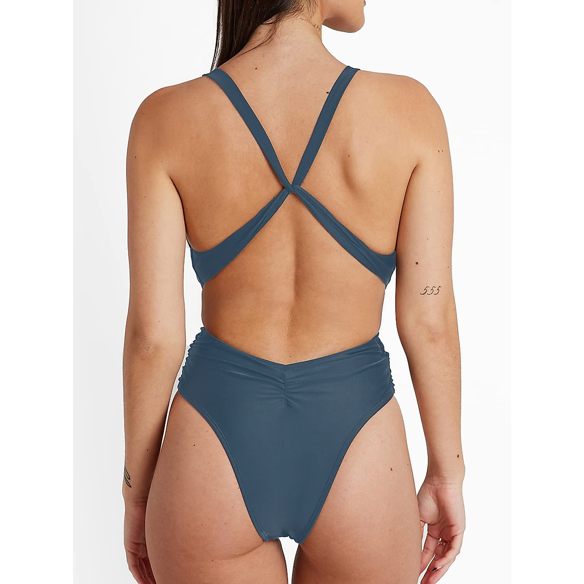 CUPSHE One Piece Swimsuit for Women Bathing Suit Cut Out Cross Back Tie Deep V Neck Ruched High Cut,L Sapphire Blue