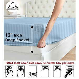 400 Thread Count 100% Egyptian Cotton Sheet Set - Queen Size Sheets Set - 12 inch Deep Pocket of Fitted Sheet - 4 Piece Sheet Set (Sky Blue Stripe - Queen 12 inch Deep Pocket Sheets)