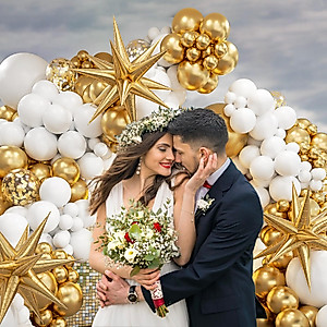 FOTIOMRG White and Gold Balloons Garland Arch Kit with 3pcs Starburst Balloons, Metallic Gold White for Wedding Engagement Baptism Bridal Shower Anniversary New Years Birthday Party Decorations