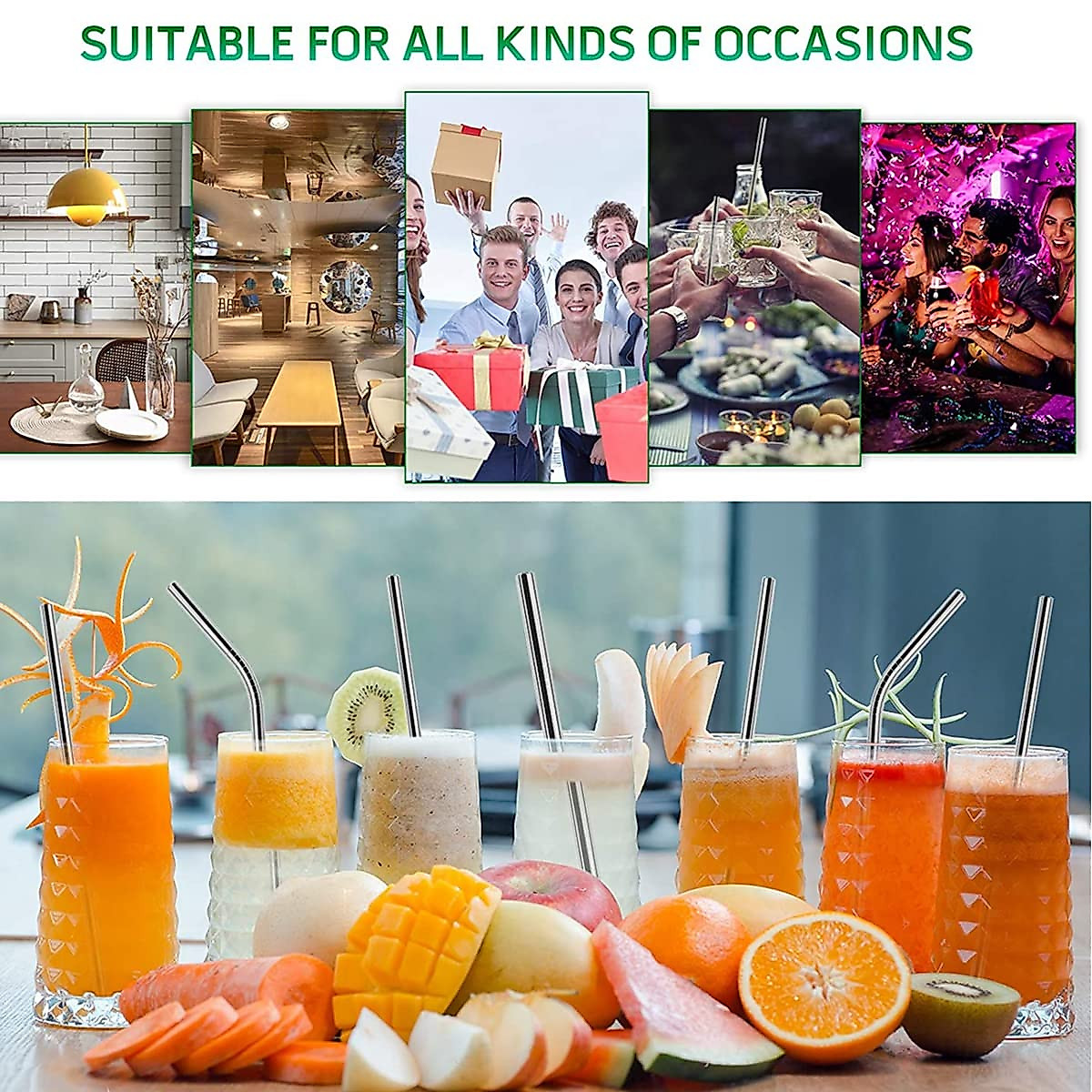 15pcs Reusable Metal Straws with 5 Cleaning Brushes - 18/8 Stainless Steel Straws with 5 Straight 5 Bent 5 Boba Straws - Eco Friendly Drinking Straws with Case for Party Drinkware (Gold)