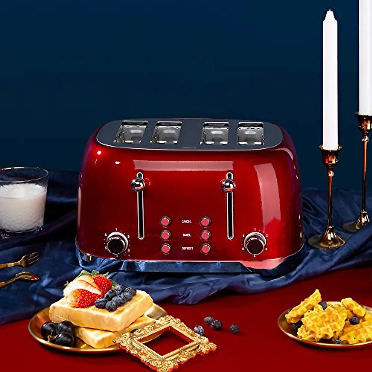 REDMOND 4 Slice Toaster Retro Stainless Steel Toasters with Bagel Defrost Cancel Function, 6 Browning Settings, Red, ST033 WT-340C