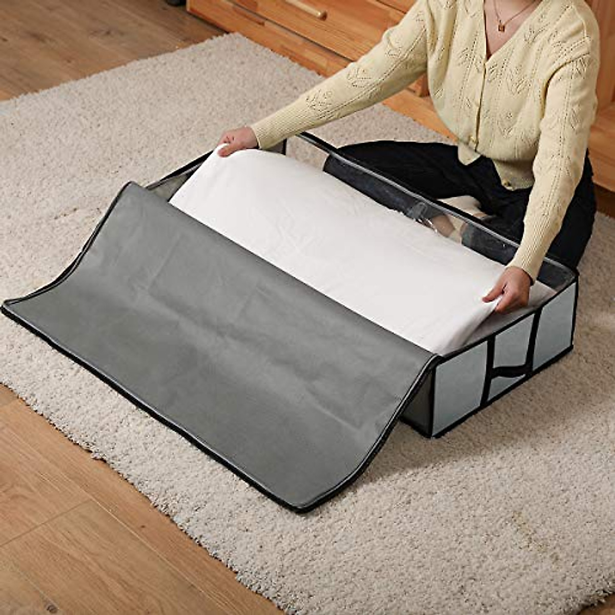 HERNEAT Underbed Storage Bag Foldable Container 4-pack Large Capacity Under the bed Storage Bags with Zippers and Handles Grey Transparent Window