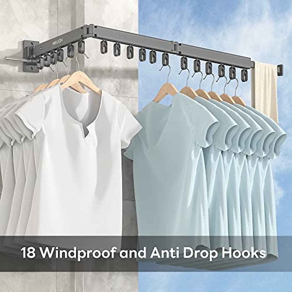 Mbillion Tri Folding Clothes Drying Rack with Extended Arm 48'' Long,Laundry Drying Rack,Wall Mounted Drying Racks for Laundry with Ring Type Hooks Heavy Duty, for Balcony,Laundry,Bathroom, Grey