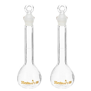 PATIKIL 25ml Volumetric Flask, 2Pcs 3.3 Borosilicate Glass Graduated Volumetric Measuring Flask with Glass Stopper Tolerance 0.16ml for Lab Experiment, Clear