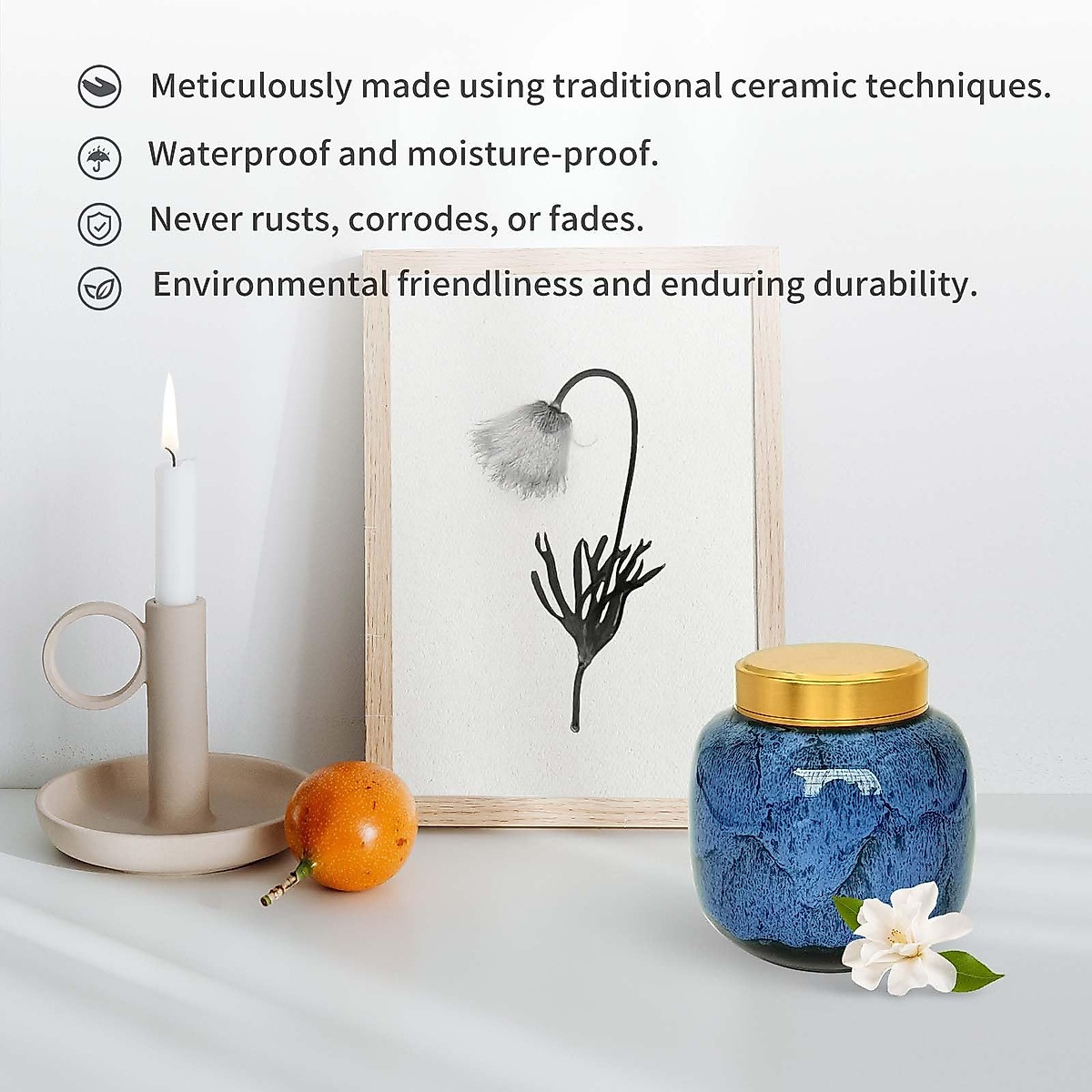 Blue Handmade Ceramic Urn for Ashes - 6.7 fl oz (0.8 Cup) Memorial Keepsake (3.15" H) with Secure Aluminum Lid, Small Urn for Pets, Children & Sharing Adult Ashes