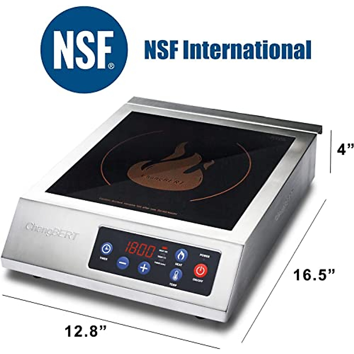 ChangBERT Induction Cooktop 1800W NSF Certified Commercial Grade Durable Countertop Burner Pro Chef Professional 18/10 Stainless Steel Housing Schott Glass 10-Hour Timer