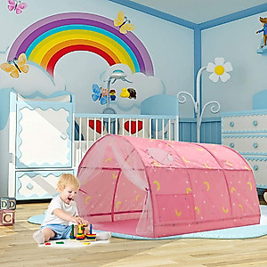 Kids Tent, Boys Girls Play Tents Bed Tents, Portable Baby Toddlers Sleeping Tent with Double Net Curtain for Bedroom Decor Indoor Games (Pink)