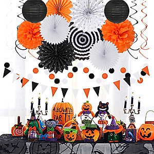 Black White Orange Halloween Party-Decorations - 33pcs Birthday Banner,Streamers Tassel Garland,Paper Lantern Fans,Tissue Pom Poms,Bachelorette Baby Bridal Shower Graduations Backdrop Decor Hugtmr