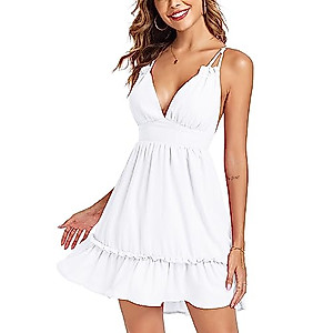 ZAFUL Womens V Neck Sexy Backless Dress Criss Cross Adjustable Spaghetti Strap Short Dress White M