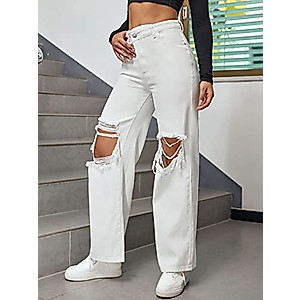 SweatyRocks Women's Straight Wide Leg High Waisted Jeans Ripped Distressed Cut Out Denim Pants White M