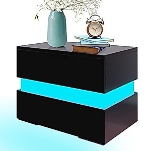 LED Nightstand Set of 2 with 2 Storage Drawers, Modern High Gloss Bedside Table with Led Lights, End Table for Bedroom Furniture(Black,2