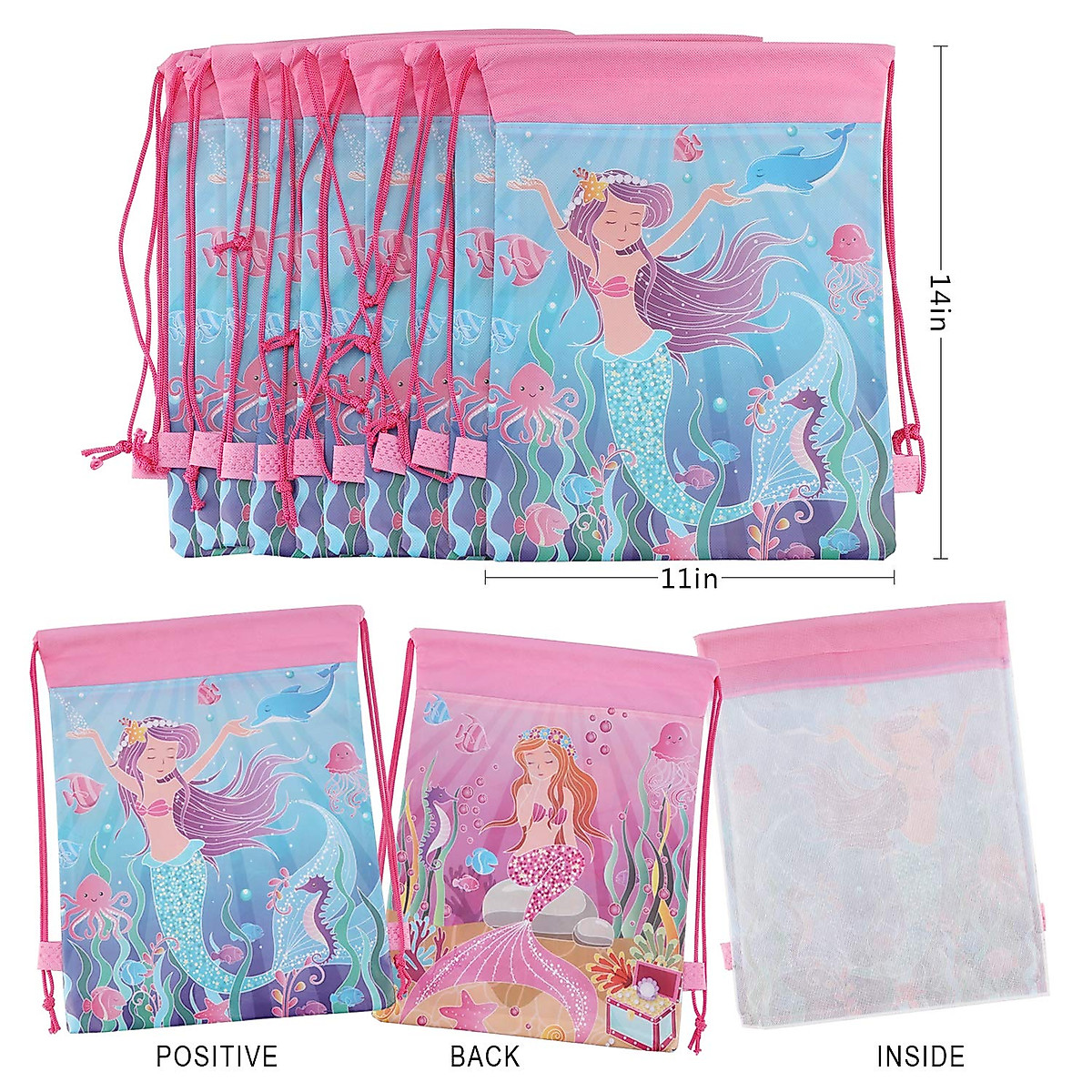 Konsait Mermaid Party Bags Kids Mermaid Birthday Party Supplies Favors Gift Bags 10 Pack, Kids Party Candy Drawstring Bags Pouch, Goodie Bags for Children Girls Toddlers