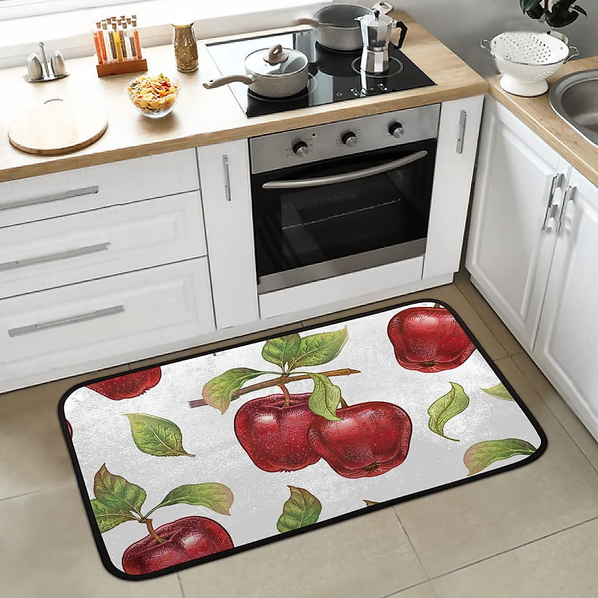 Pardick Red Apples Leaves Kitchen Rugs and Mats, Fresh Fruit Non Slip Washable Absorbent Area Rugs Anti Fatigue Kitchen Mat Memory Foam Doormat Runner Rug for Floor Kitchen Bathroom 39X20in