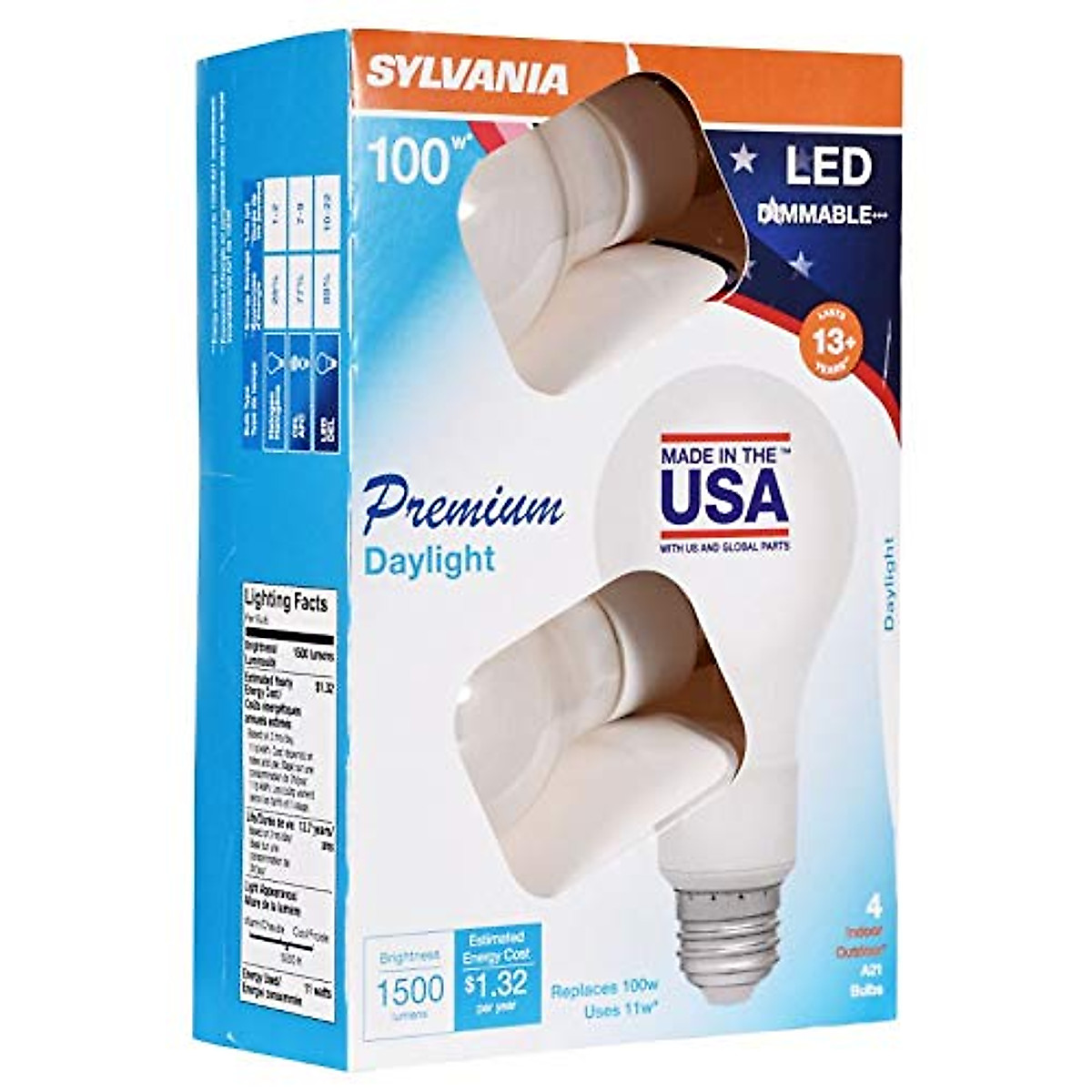 LEDVANCE, Daylight 40243 Sylvania 100 Watt Equivalent, A21 LED Light Bulbs, Dimmable, Color 5000K, Made in The USA with US and Global Parts, 4 Pack