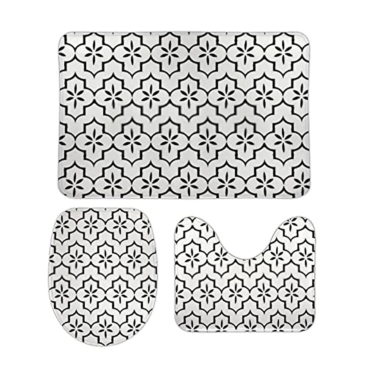 My Little Nest 3 Piece Bath Rugs Mat Set Geometry White and Black Trellis Soft Foam Bath Mat Non Slip Bathroom Rugs Washable Contour Mat and Lid Cover
