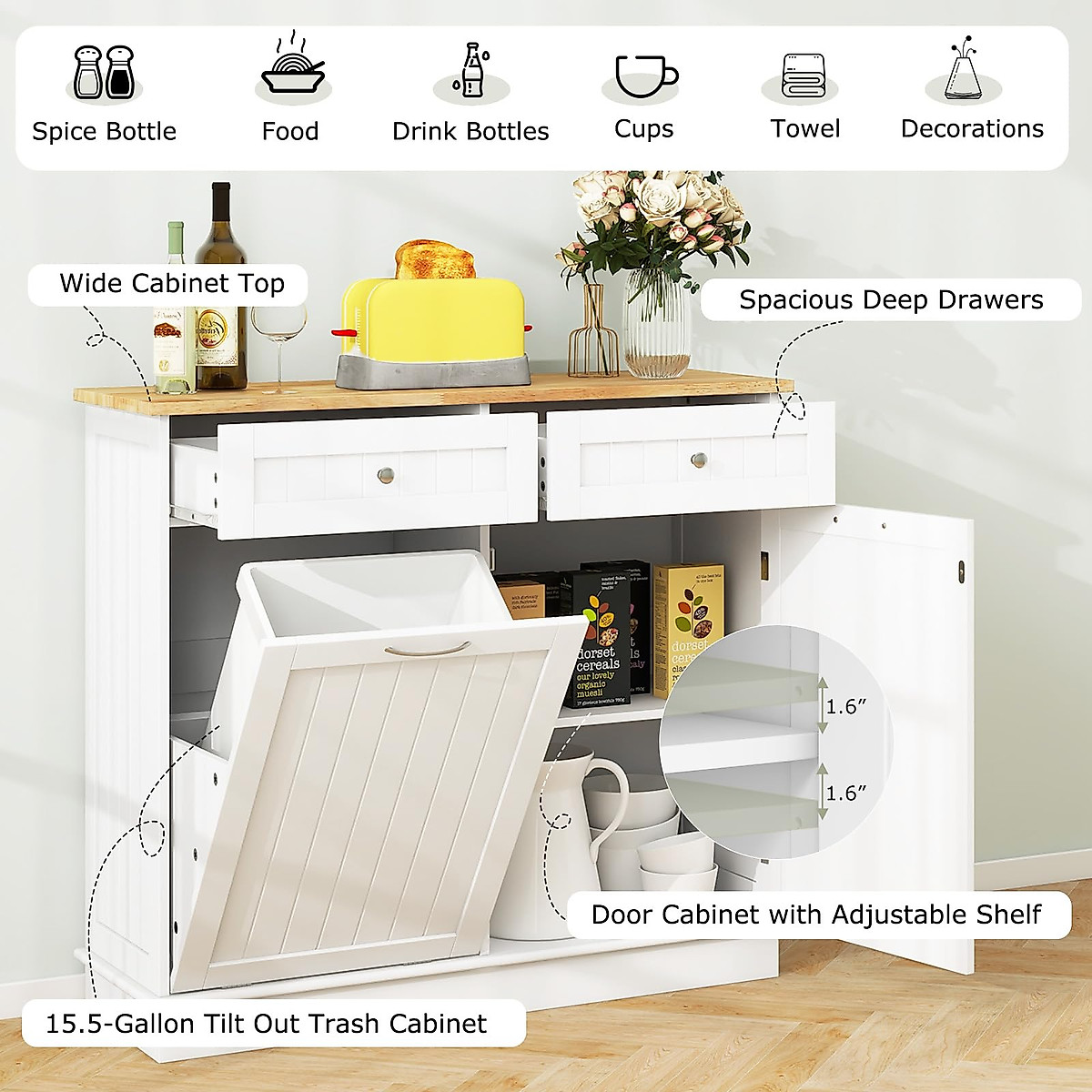 LOKO Kitchen Tilt Out Trash Cabinet, Modern Trash Cabinet with 2 Drawers & Adjustable Shelf, Pet Proof Trash Can Cabinet with Rubber Wood Tabletop, Ideal for Living Room, Dining Room (White)